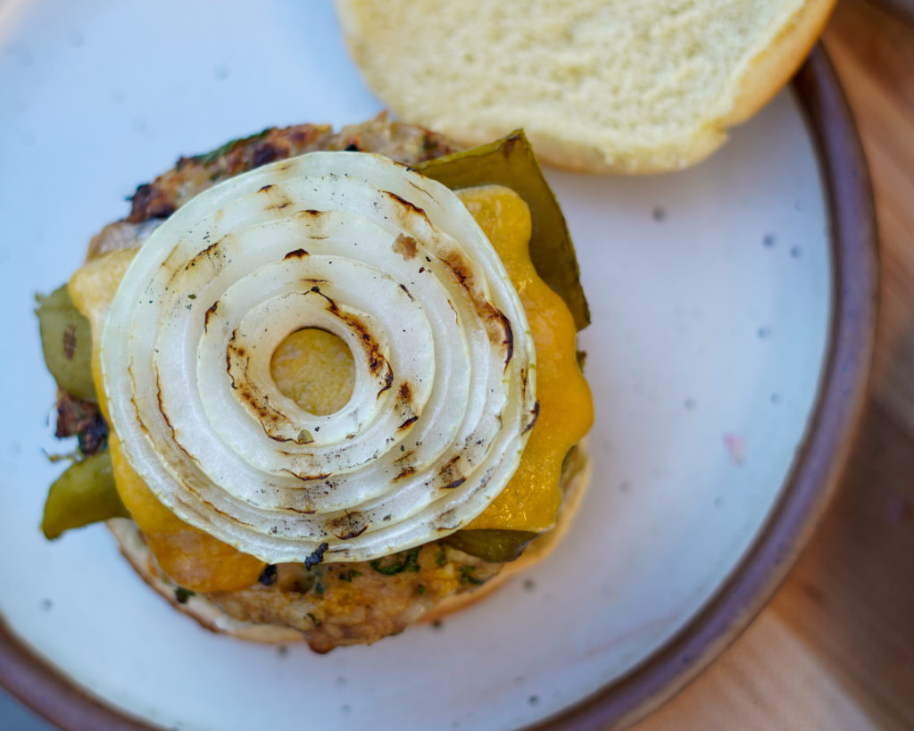 Green Chile Chicken Burgers with Cheddar and Grilled Onions - Isernio's ...