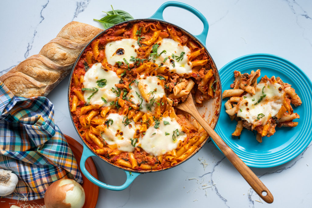 One Skillet Pasta & Chicken Sausage Bake - Isernio's Premium